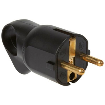 2P+E plug - 16A plug with ring - German standard Schuko - Black thermoplastic IP20 - Straight screwed terminal connection for sale