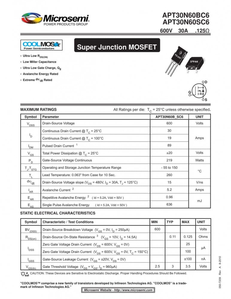 APT30N60BC6 datasheet page 1