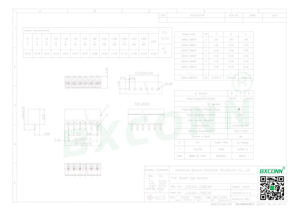 BXCONN JCB350-ZOMCxP technical drawing preview