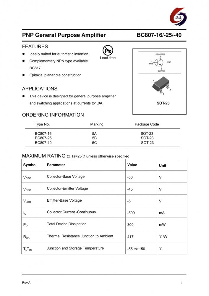 BC807 datasheet page 1
