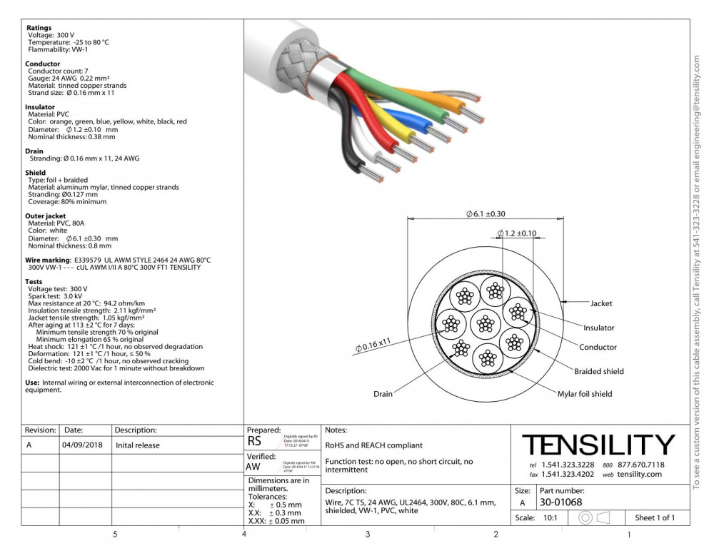 Tensility 30-01068 cable drawing and product specification sheet