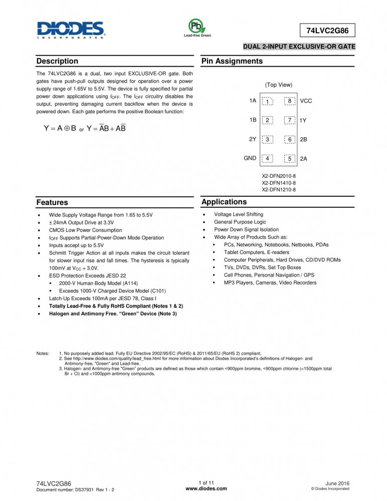 74LVC2G86RA3-7 datasheet page 1