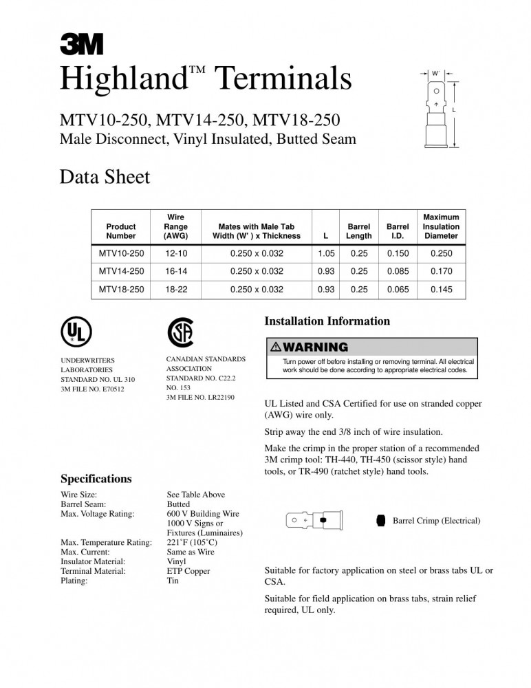 3M Highland MTV14-250Q technical datasheet page 1