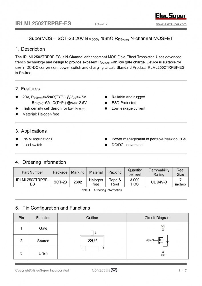 IRLML2502TRPBF-ES datasheet page 1
