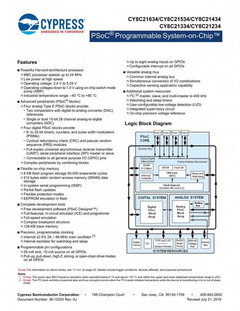 CY8C21334 technical document page 2