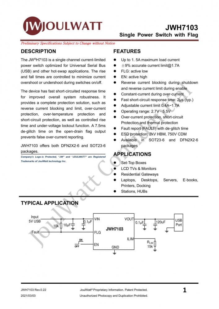JWH7103 datasheet page 1