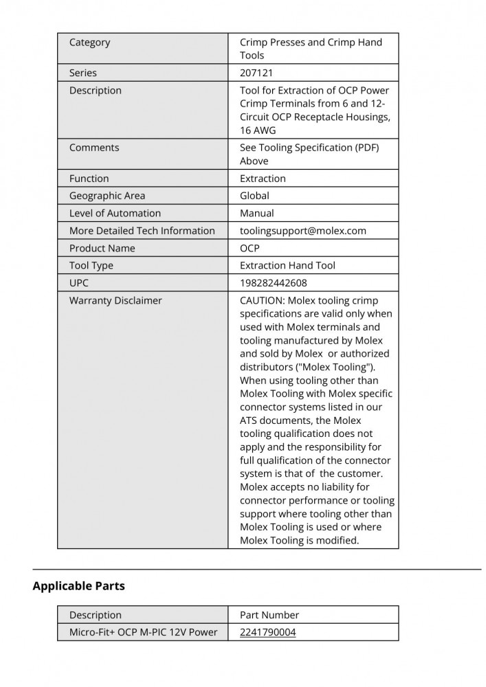 Product document page 2 for Molex tool 2002223100