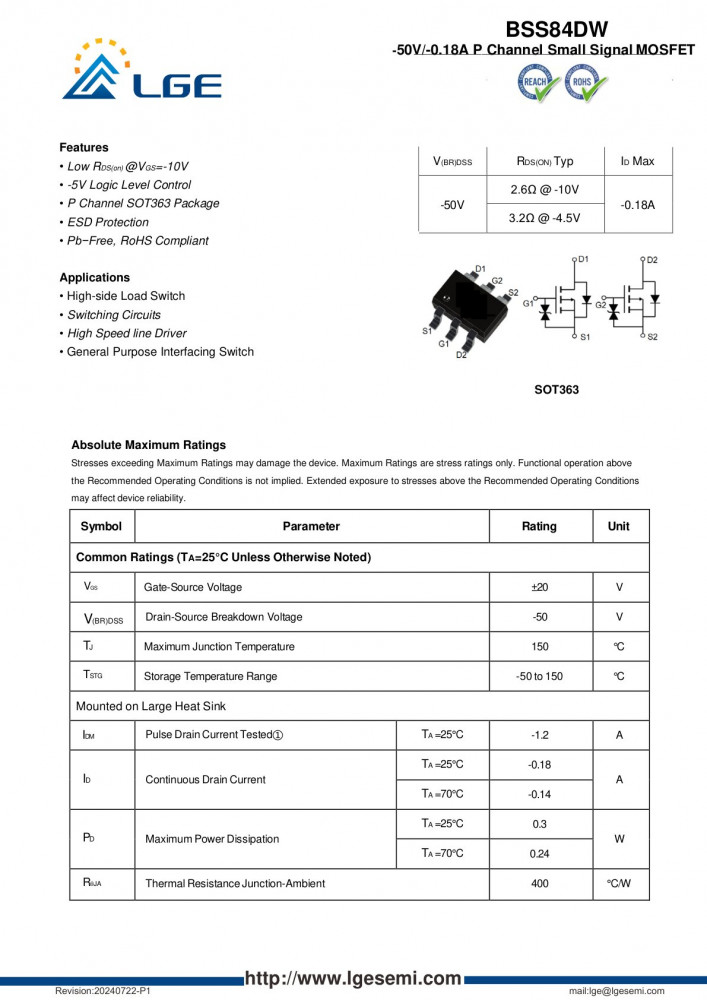 BSS84DW datasheet page 1