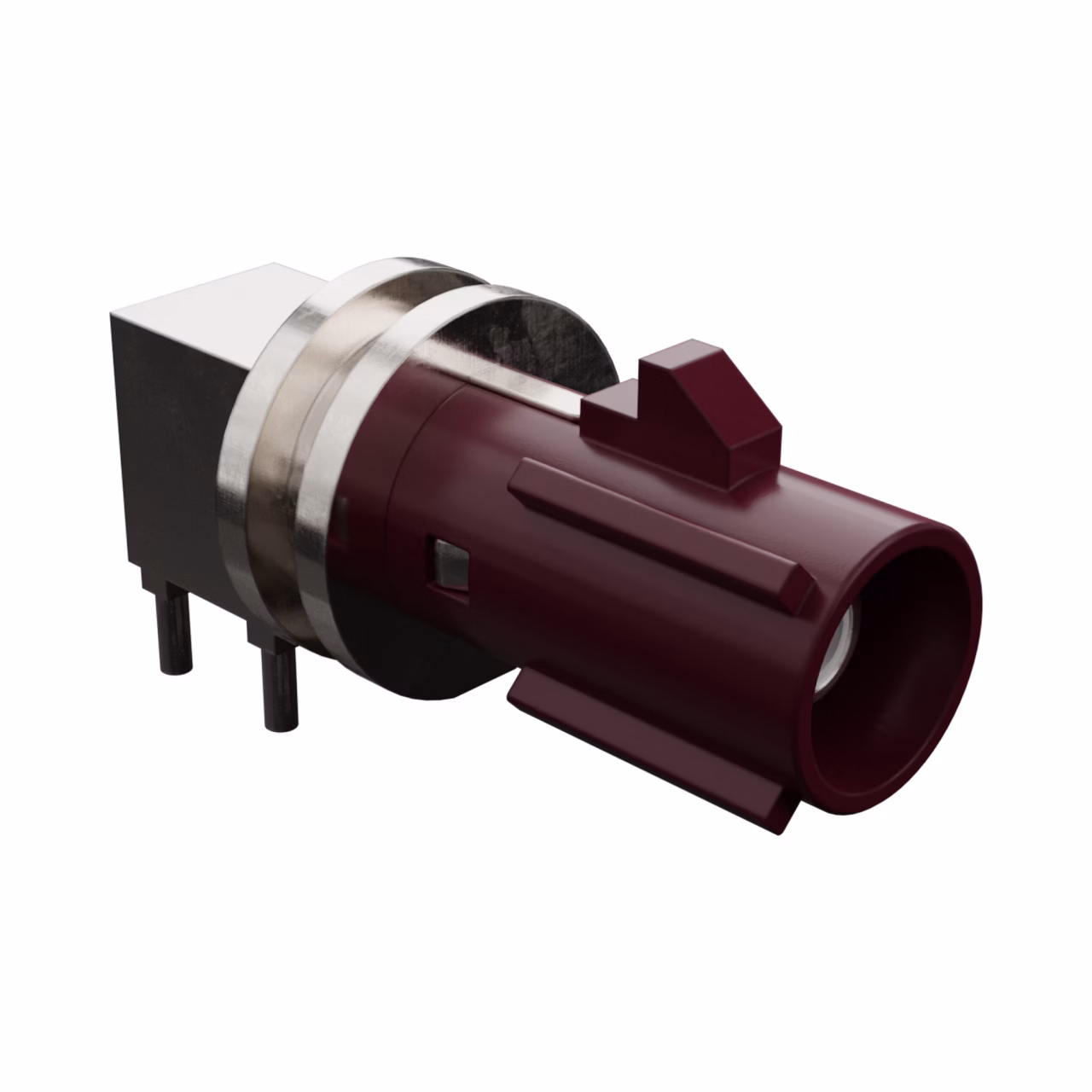 FAKRA Jack, Right-Angle, PCB Receptacle, Through Hole, Die Cast Body, Tin (Sn) Plated, Kinked Tail, Keying Code D, Bordeaux Violet, Tray, 50 Ohms for sale