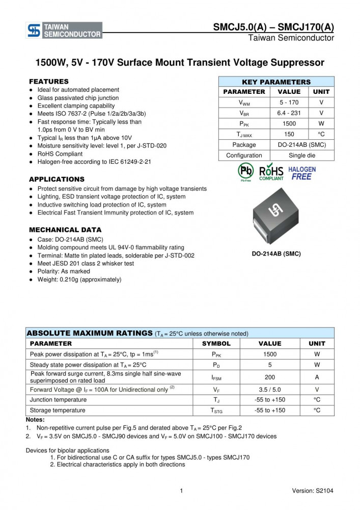 SMCJ45C technical document page 1