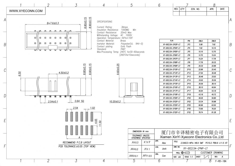 XY-IDC2.54-2*5P-LT technical drawing page 1