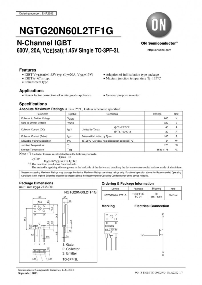 NGTG20N60L2TF1G datasheet page 1