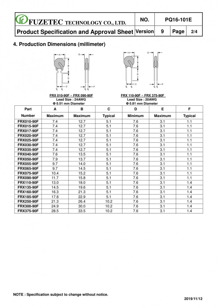 FRX90V Series specification sheet page 2