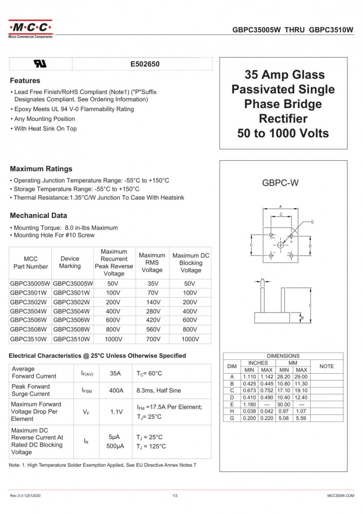 GBPC3510W-BP datasheet page 1