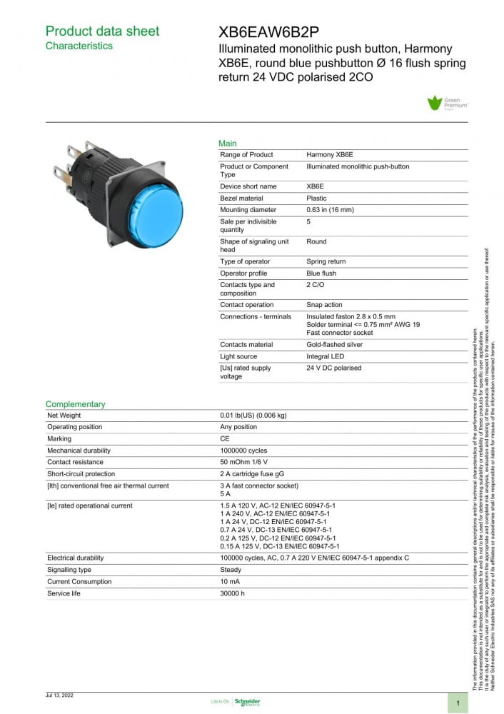 XB6EAW6B2P technical document page 1