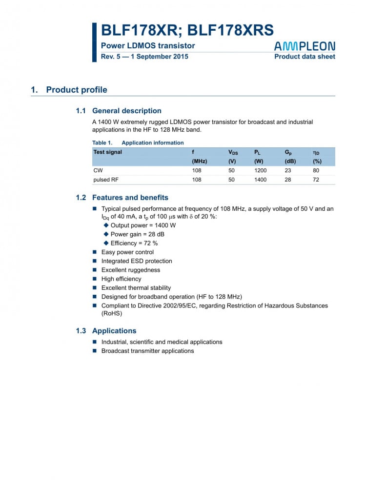 BLF178XR datasheet page 1