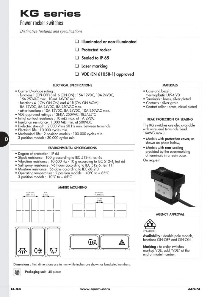 APEM KG492A2XXA21XX datasheet page 1