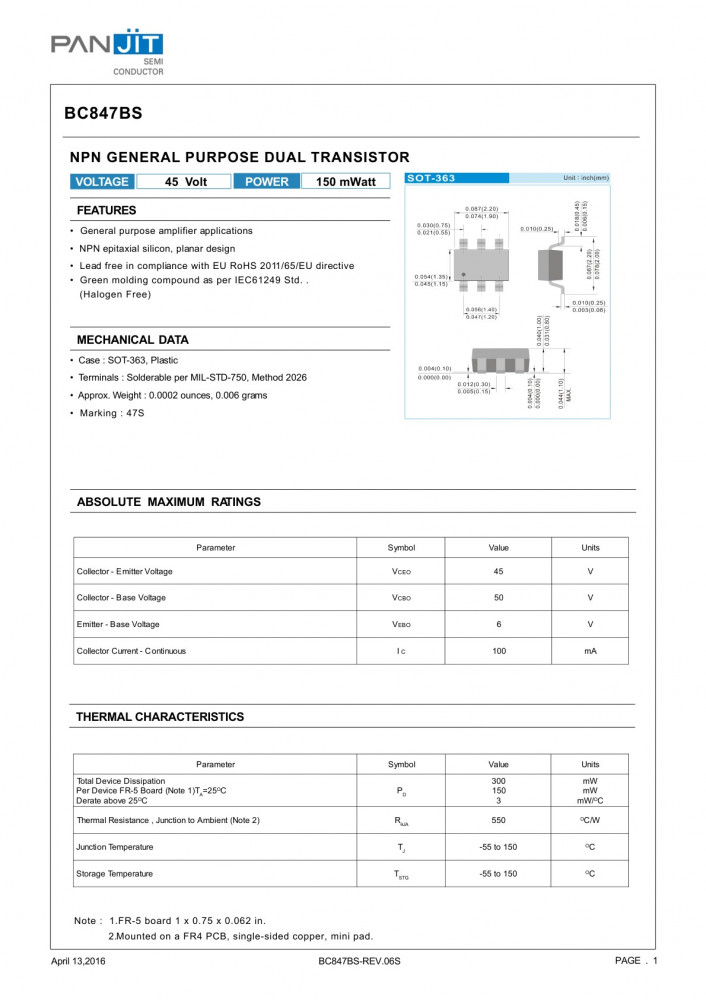 BC847BS datasheet preview, page 1