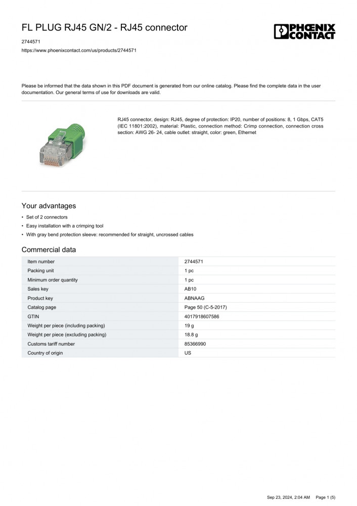 Phoenix Contact 2744571 technical document page 1