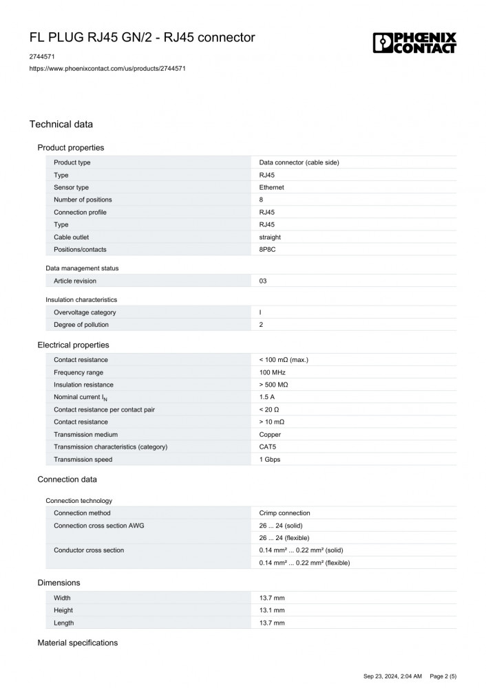 Phoenix Contact 2744571 technical document page 2