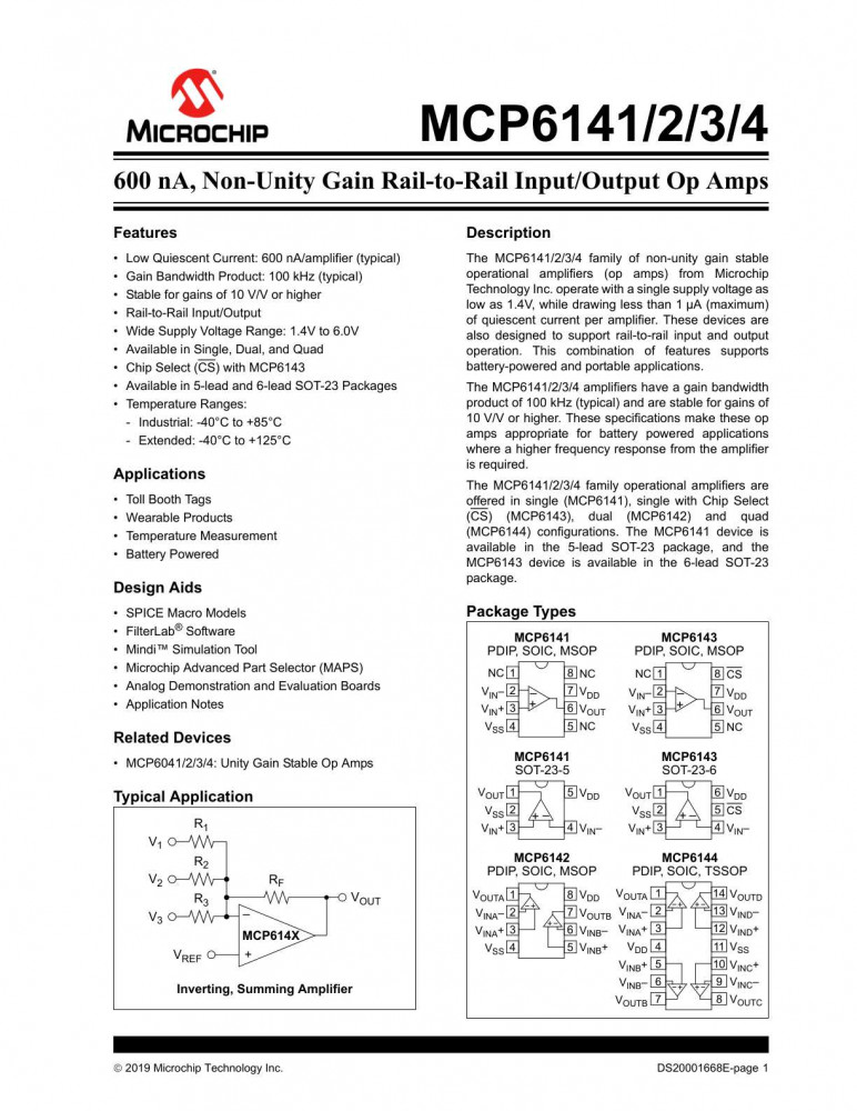 MCP6143 technical document page 1