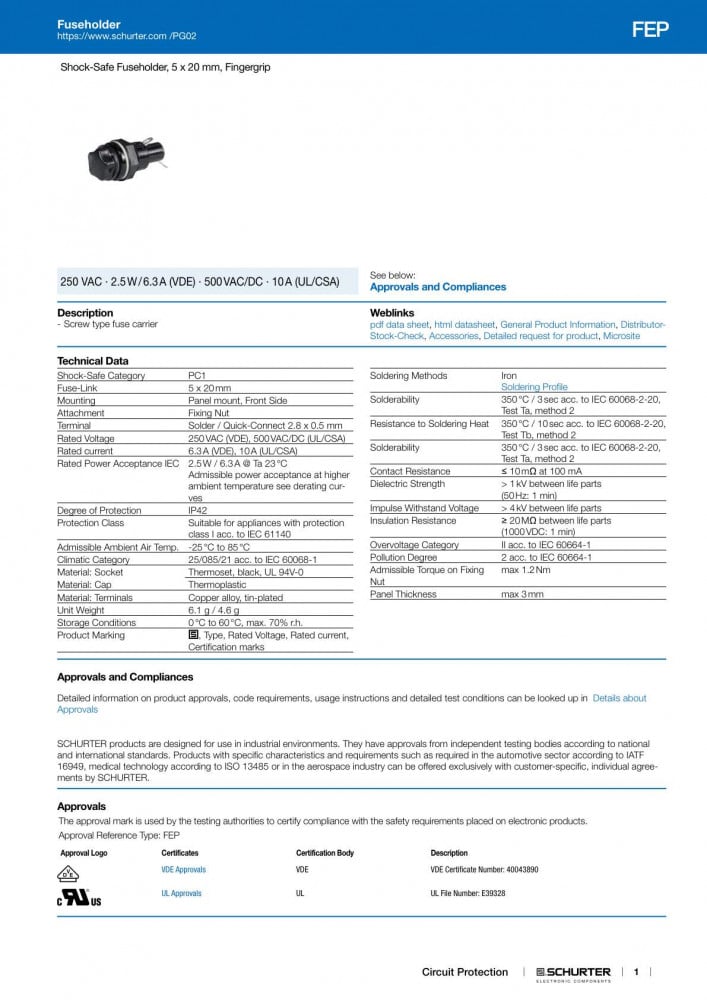 SCHURTER 0031.1071 datasheet page 1