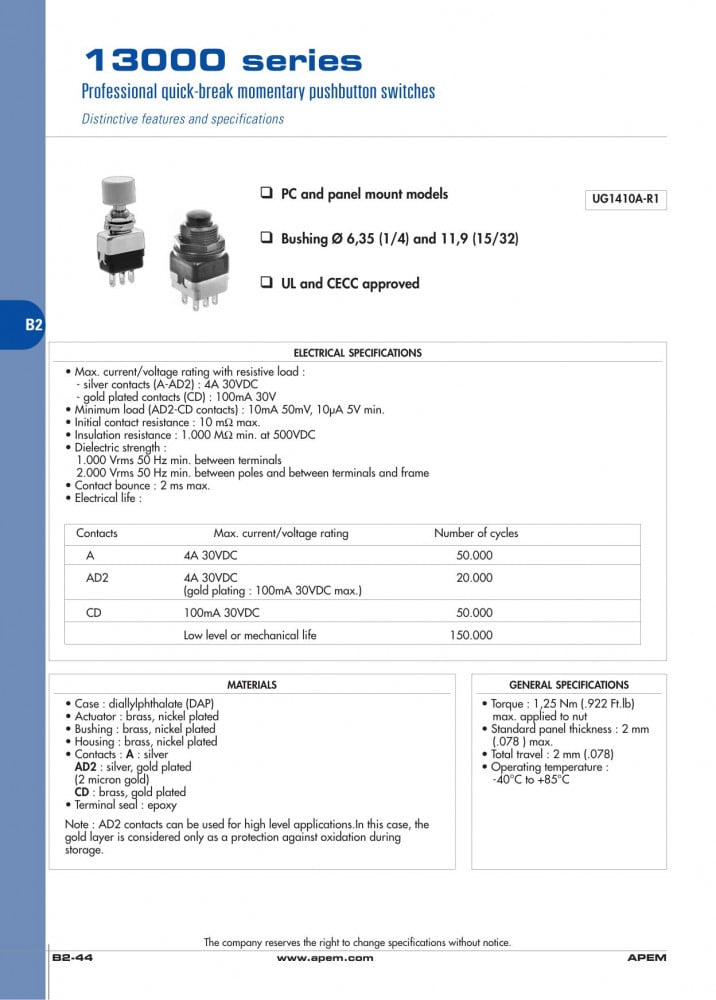 APEM 13440AD2G26X822 datasheet page 1