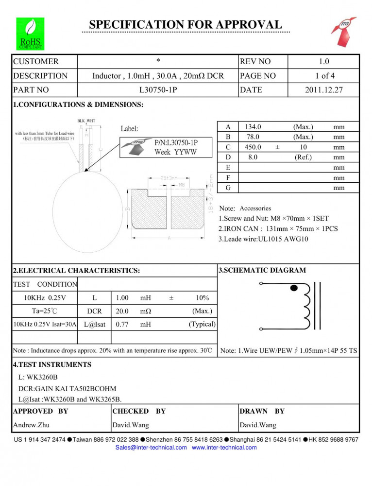 L30750-1P specification sheet, page 1