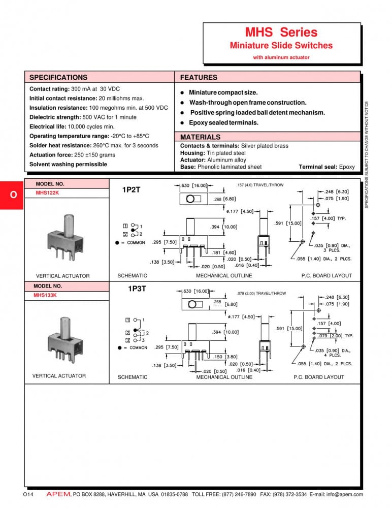 APEM MHS series datasheet page 1