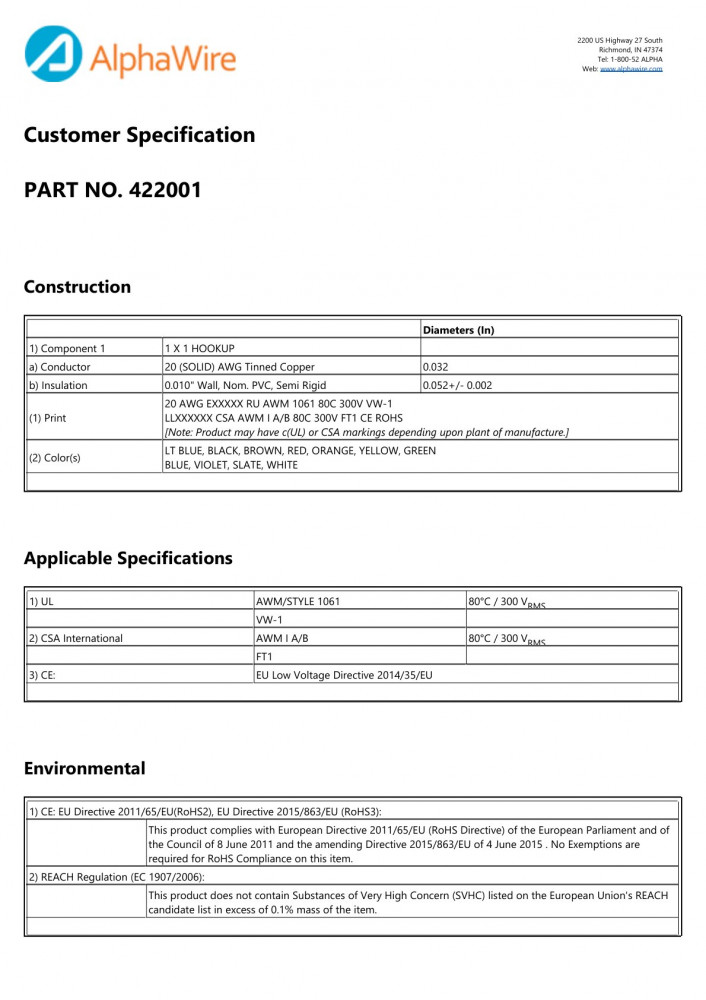 Alpha Wire 422001 OR001 technical document page 1