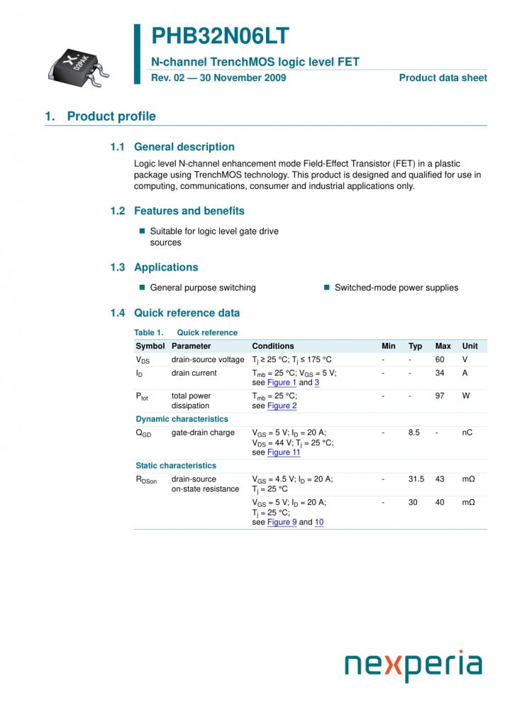 PHB32N06LT datasheet page 1