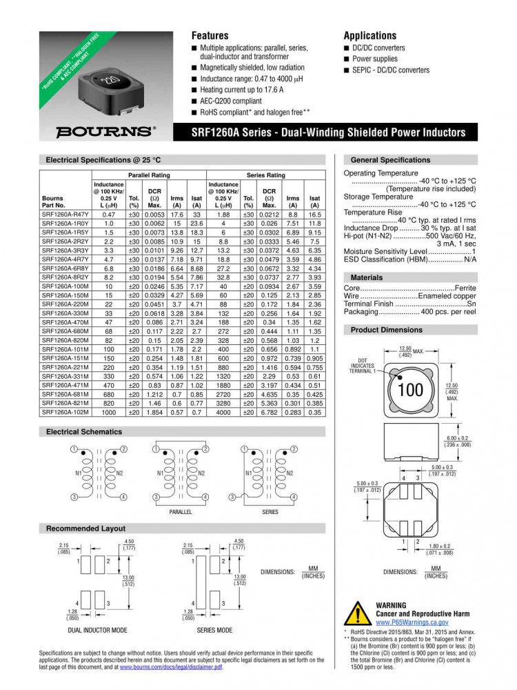BOURNS SRF1260A technical document page 1