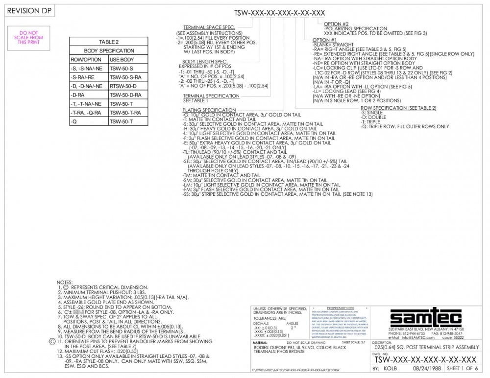 Samtec TSW drawing page 1