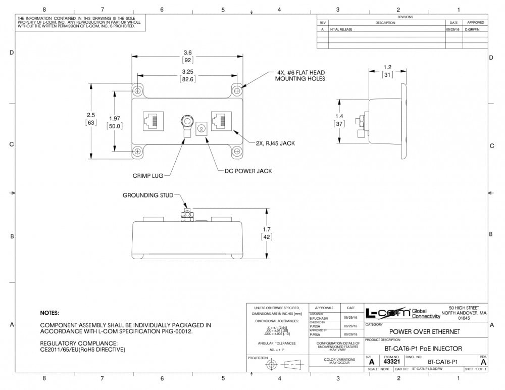 L-com BT-CAT6-P1 PoE injector technical drawing