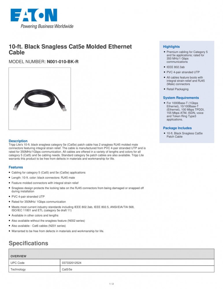 N001-010-BK-R technical document page 1