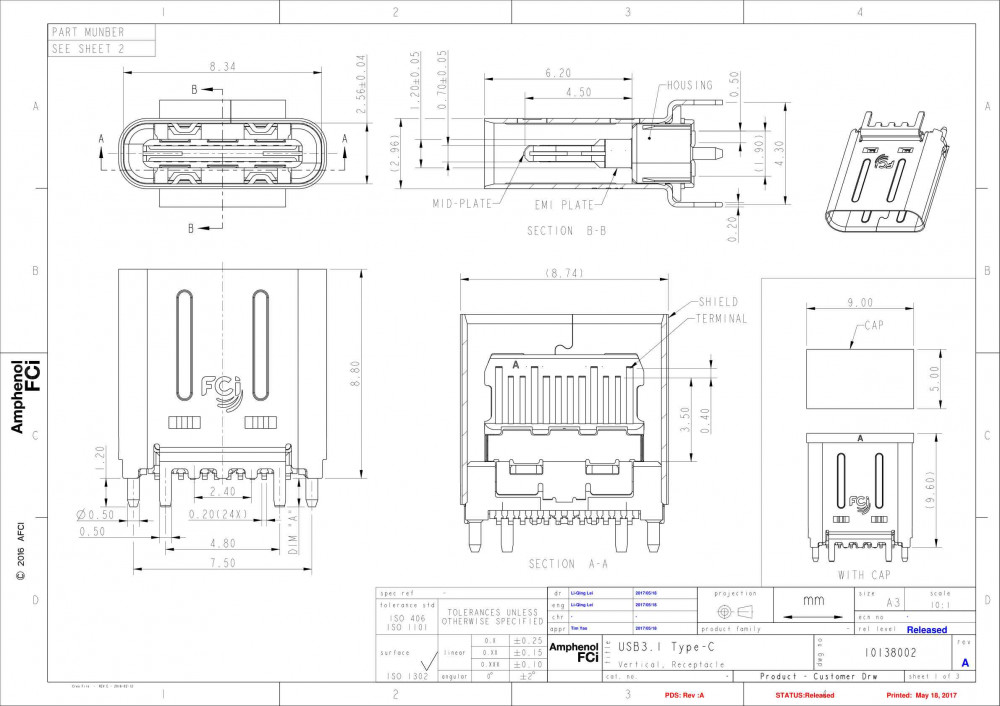 Amphenol 10138002-10011LF technical drawing sheet 1