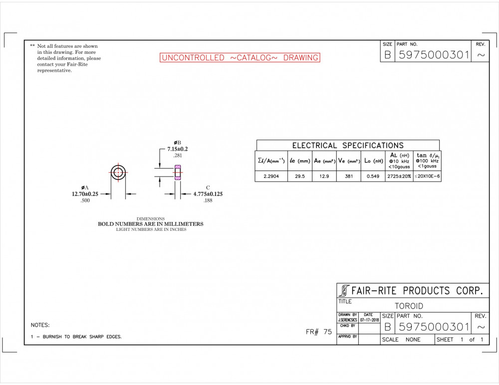 Fair-Rite 5975000301 technical drawing