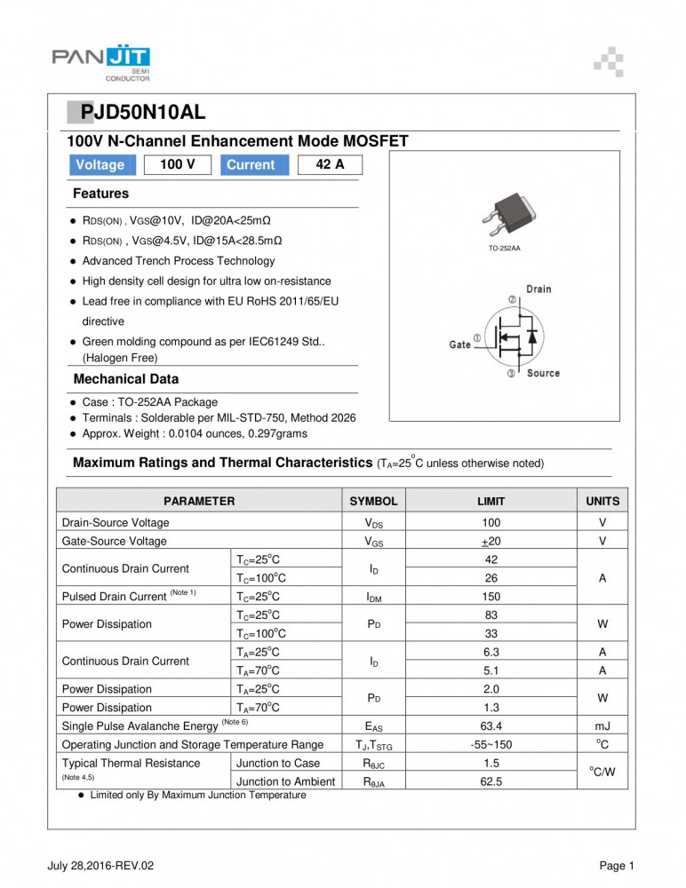 PJD50N10AL datasheet page 1