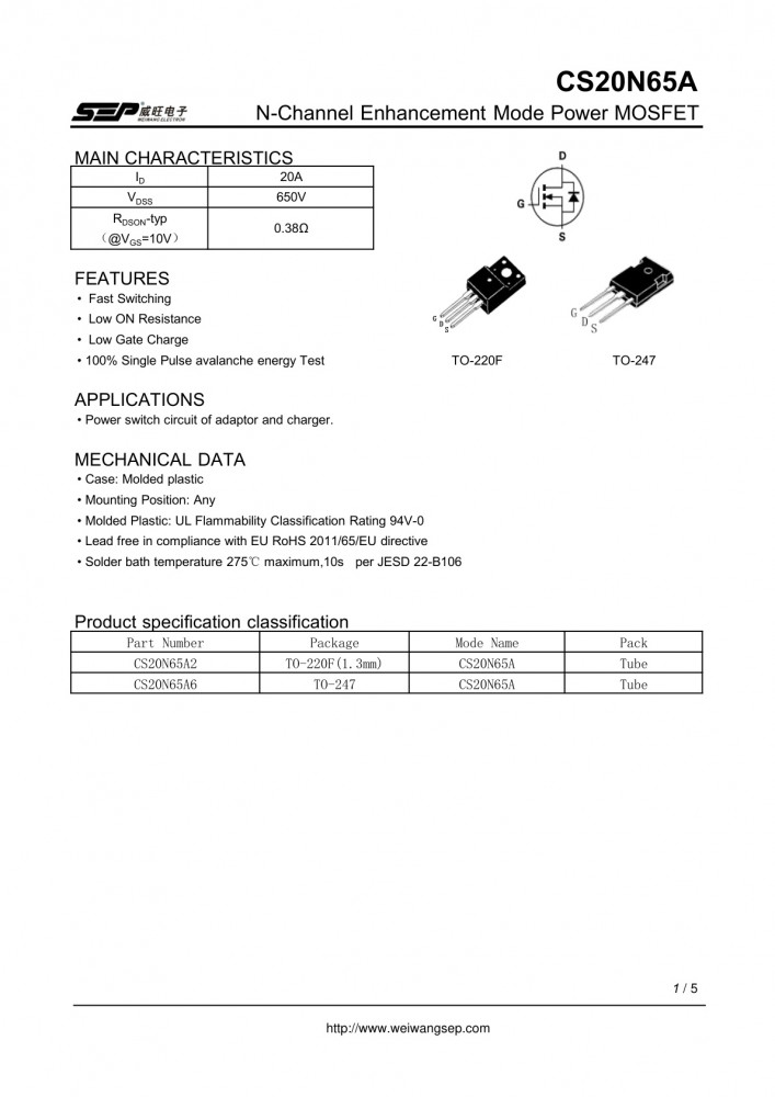 CS20N65A2 datasheet page 1