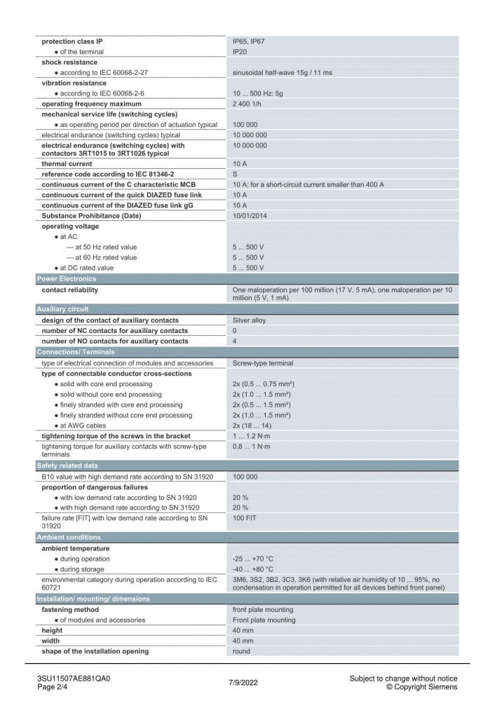 SIEMENS 3SU11507AE881QA0 datasheet page 2