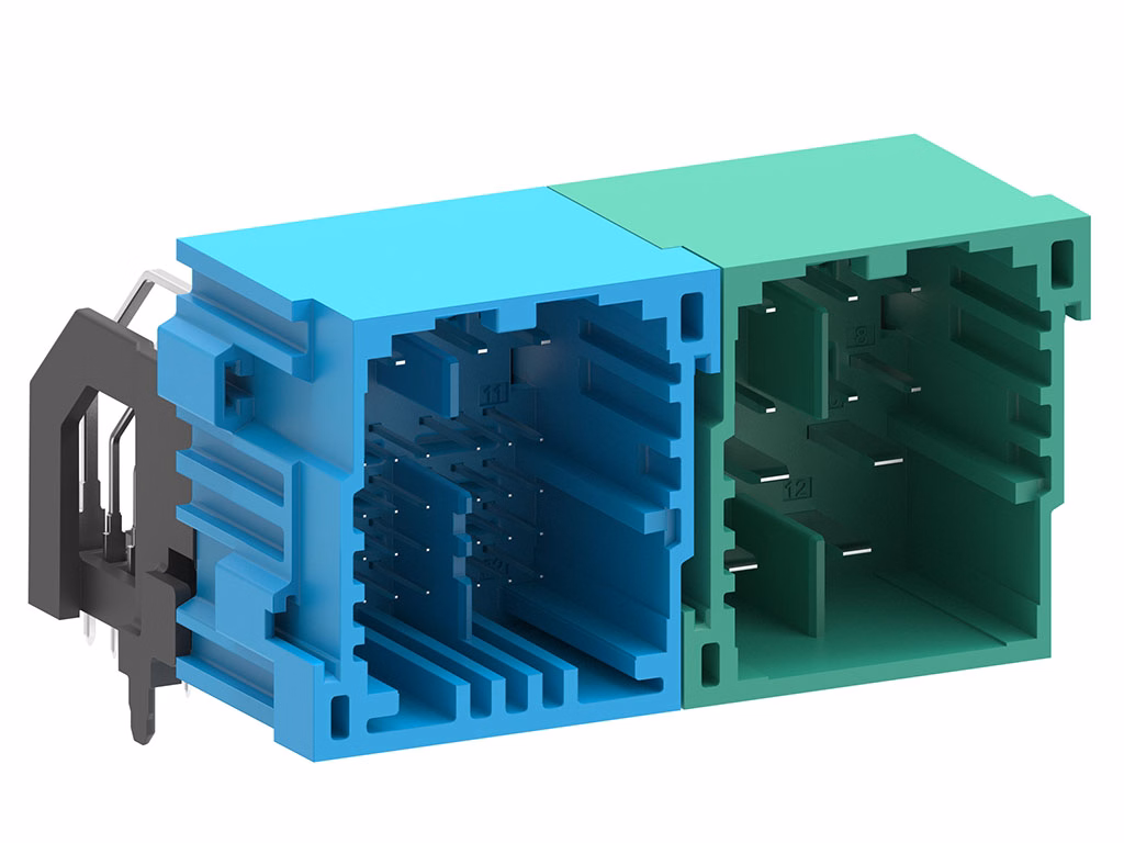 stAK50h 2 Bay Right-Angle Hybrid Header, 57 Circuits, Bay 1: 32 Circuits/Key 2/Blue; Bay 2: 25 Circuits/Key 1/Green; Tray