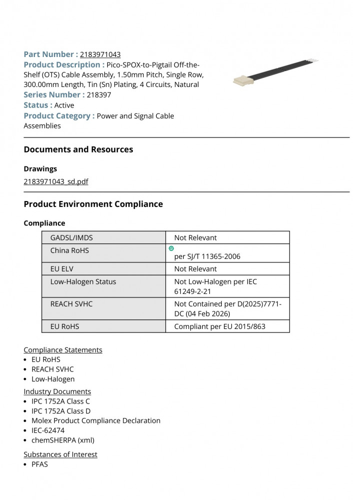 MOLEX 2183971043 product drawing, page 1