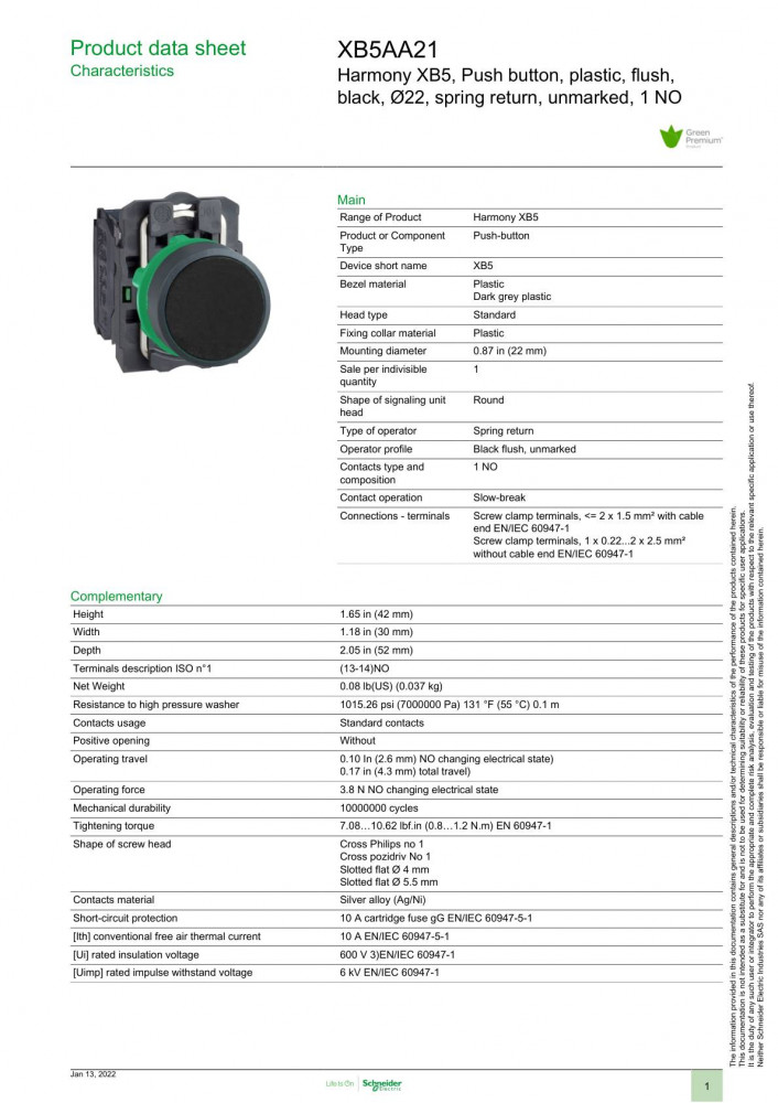 XB5AA21 technical document page 1
