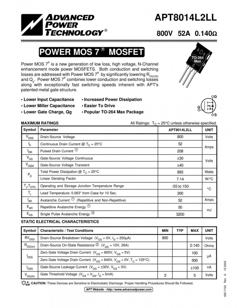 APT8014L2LLG datasheet page 1