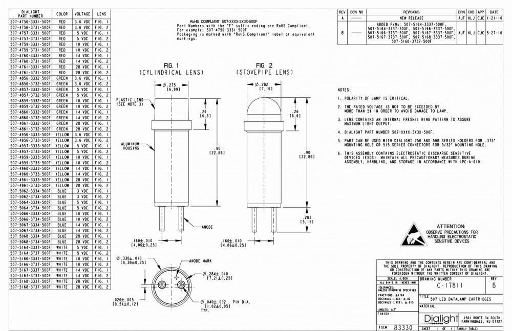 Dialight 507 LED data lamp cartridge drawing page 1