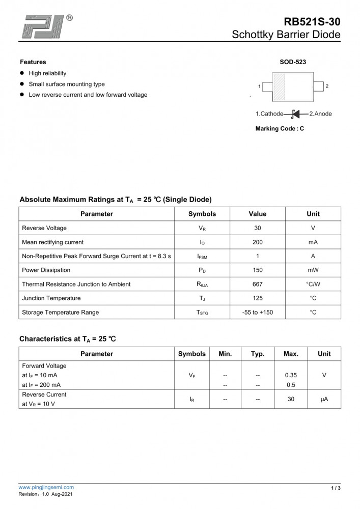 RB521S-30 technical document page 1