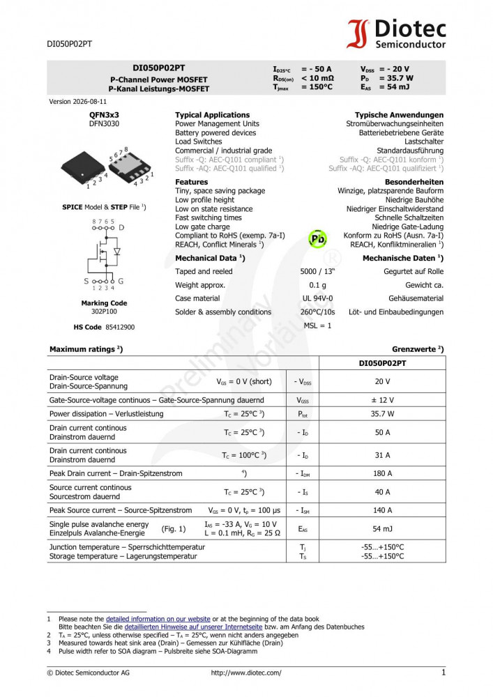 DIOTEC DI050P02PT datasheet page 1