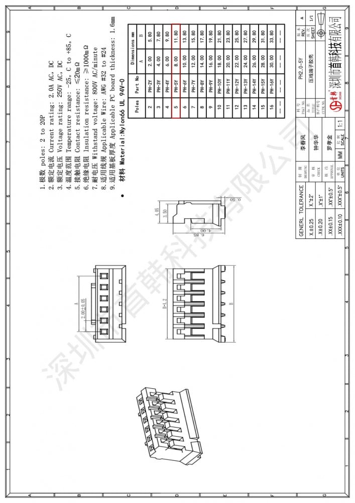 PH2.0-5Y technical document page 1