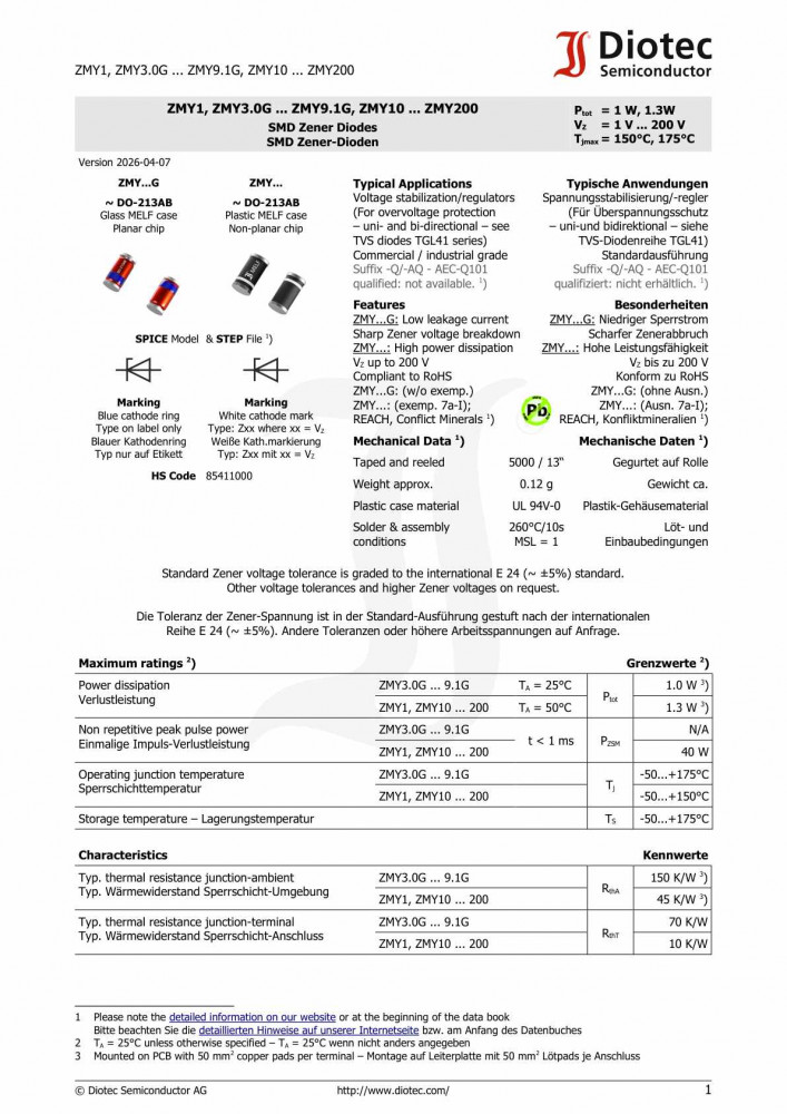 DIOTEC ZMY100 datasheet page 1
