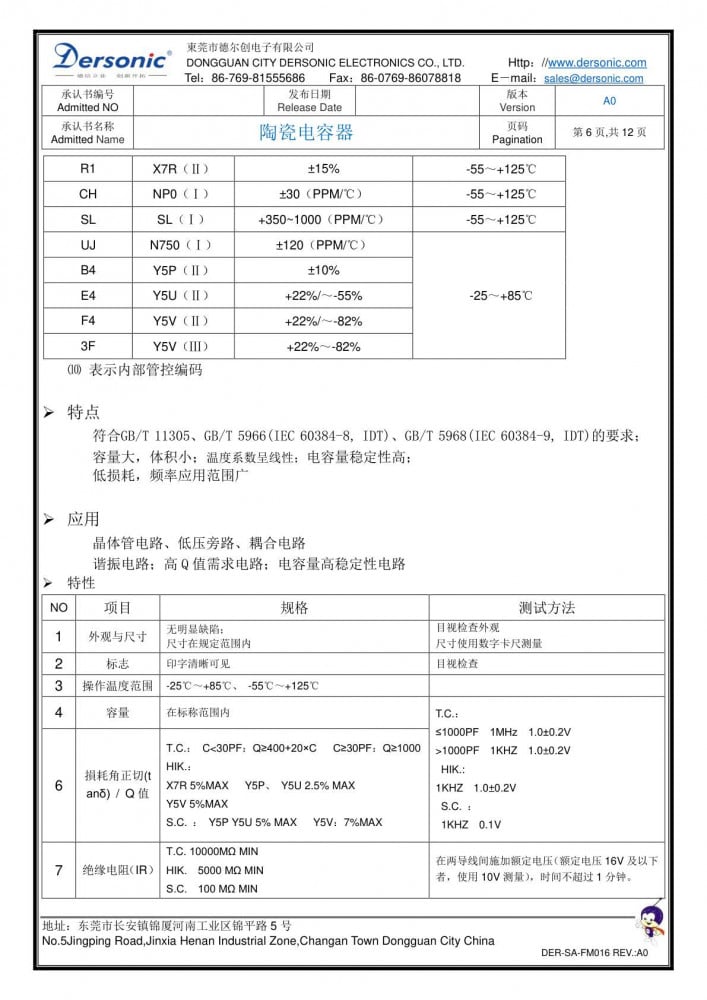 Dersonic ceramic capacitor document page 6
